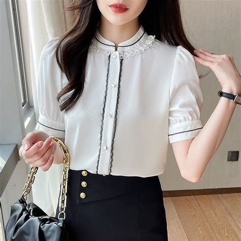 Summer White Satin Blouse Casual Lace O Neck Short Sleeve Shirt Slim