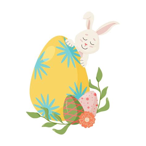 Bunny Character Peeks Out From Egg Carrot Cute Happy Easter Rabbit