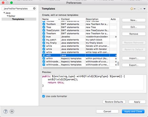 java generate setters that return self in eclipse