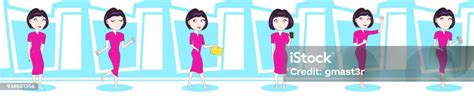 Set Wanita Muda Dalam Gaun Merah Muda Dalam Pose Berbeda Di Atas