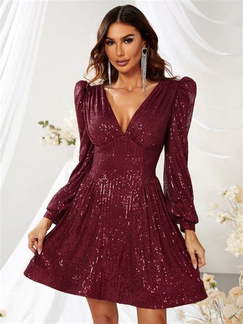 Fniseti Plunging Neck Lantern Sleeve Sequin Dress Shein Usa
