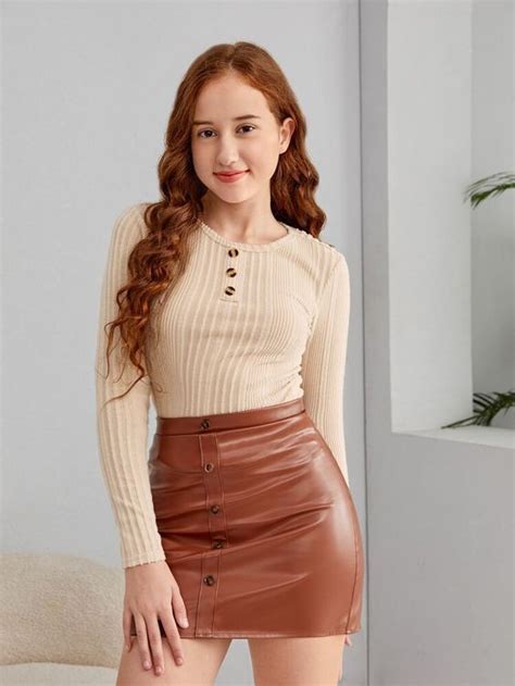 Shein Teen Girls Button Front Rib Knit Tee Shein Usa Stylish Outfits