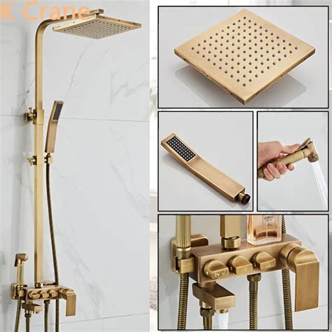 Antique Gold Wall Mount Gold Shower Faucet Set System With Hot Cold