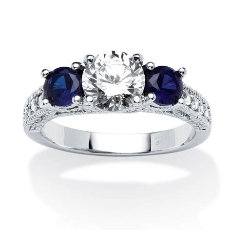 Sterling Silver Cubic Zirconia And Sapphire 3 Stone Bridal Ring Blue