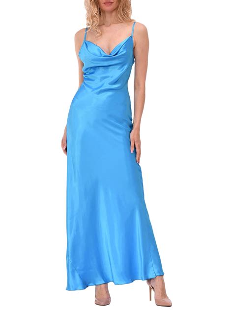 Women Elegant Silky Satin Long Dress Sleeveless Spaghetti Strap Cowl