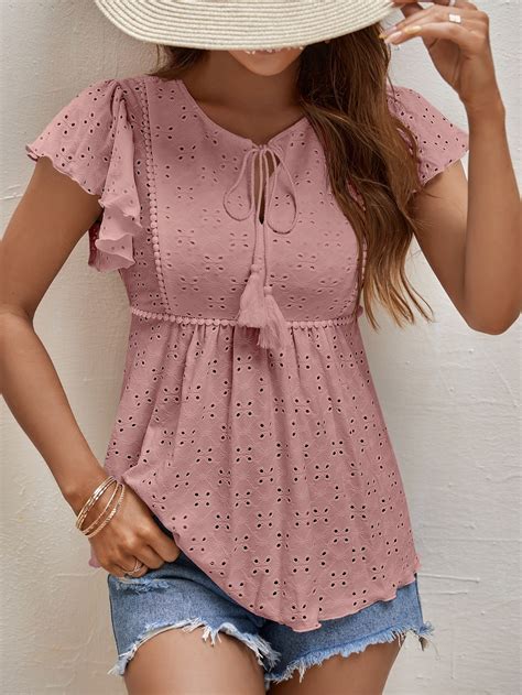 Shein Frenchy Tie Front Flutter Sleeve Eyelet Embroidered Blouse Shein Uk