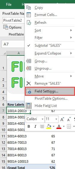 field and value settings with excel pivot tables