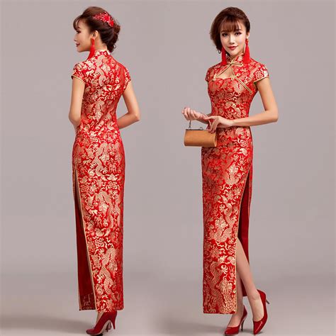 Lucky Gold Dragon Brocade Long Qipao Chinese Red Mandarin Collar High