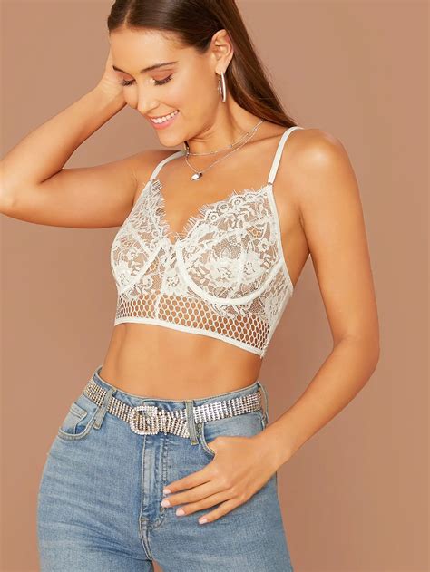 Mesh Insert Lace Bustier Cami Top Crop Top Bustier Lace Bustier
