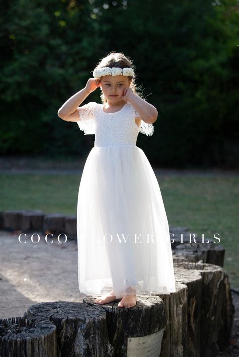 Very Pretty Long White Layered Tulle Lace Flutter Sleeve Flower Girl