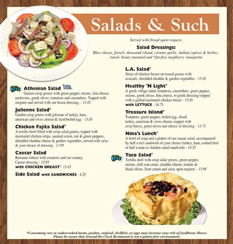 Salads And Such Menu Around The Clock Restaurant