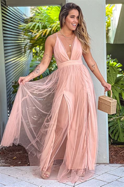 Blush V Neck Tulle Maxi Dress With Criss Cross Back Maxi Dresses