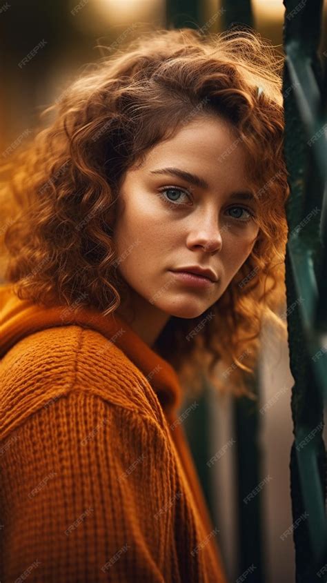 Premium Ai Image A Woman With Curly Red Hair Stands In Front Of A Fence