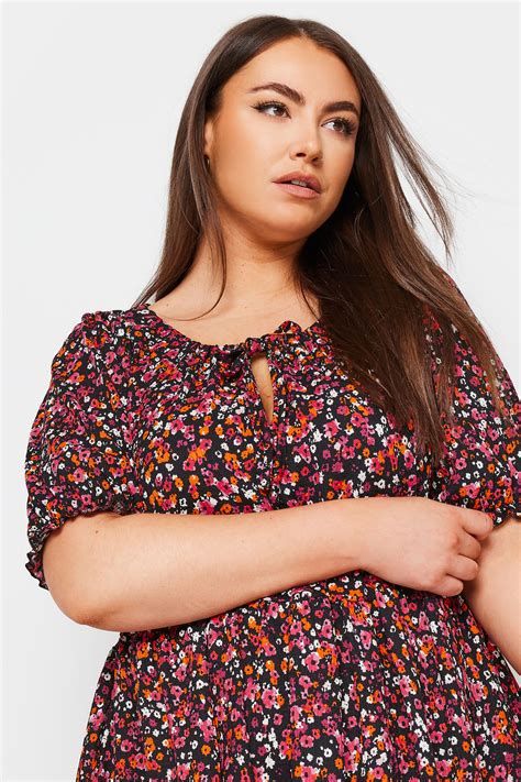 Yours Plus Size Black Ditsy Floral Print Textured Smock Dress Yours