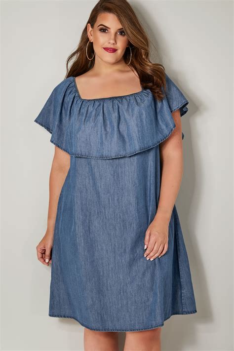 Blue Denim Chambray Bardot Dress Plus Size 16 To 36