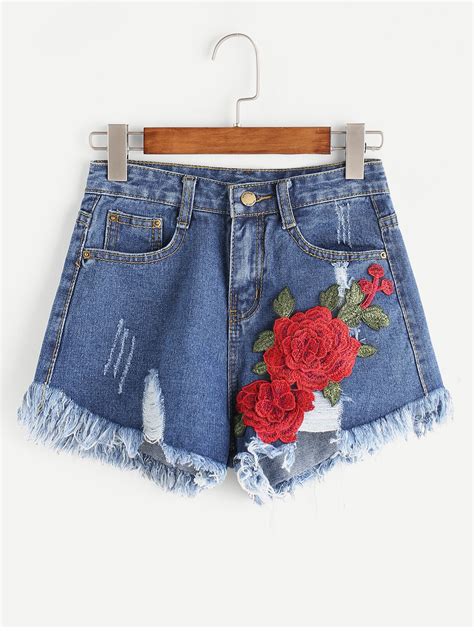 Ripped Appliques Frayed Hem Denim Shortsfor Women Romwe
