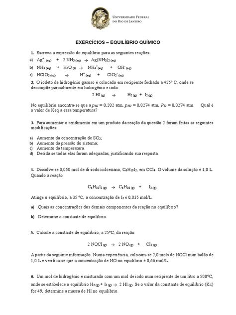 Lista De Exercícios Equilíbrio Químico Pdf Equilíbrio Químico Ph