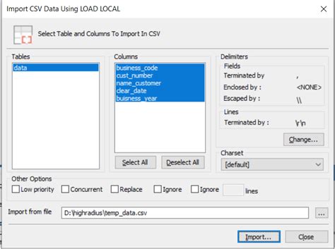 loading a local csv file to mysql server using sqlyog