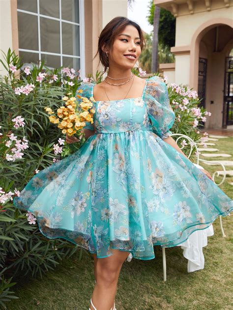 Shein Floral Square Neck Puff Sleeve Organza Dress Organza Dress