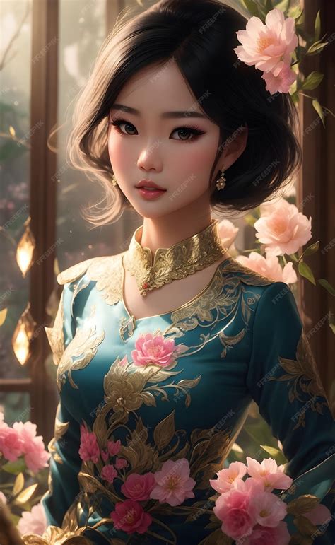 연꽃 배경 생성 Ai를 사용하여 태국 전통 의상을 입은 아름다운 아시아 여성 프리미엄 사진