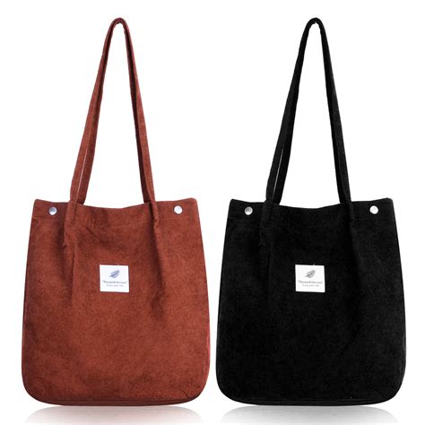 Hengguang 2 Pack Corduroy Tote Bags Lightweight With Inner Pocket For