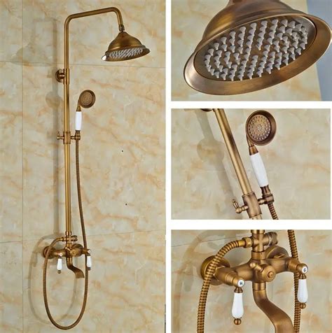 Wall Mount Bathtub Rainfall Shower Faucet Set Brass Antique Shower