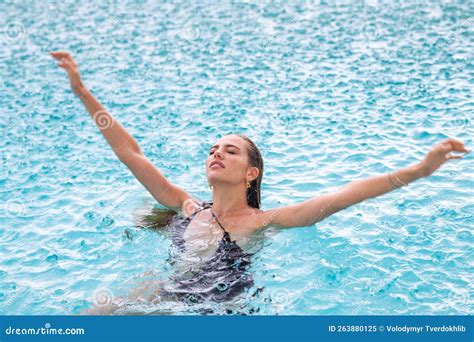 Rain In Summer Sensual Woman Relaxing In Spa Swimming Pool Stock