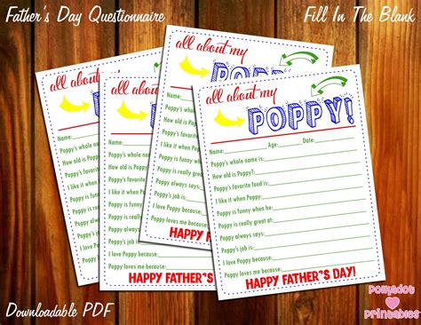 All About My Poppy Fathers Day Questionnaire Instant Downloadable Pdf
