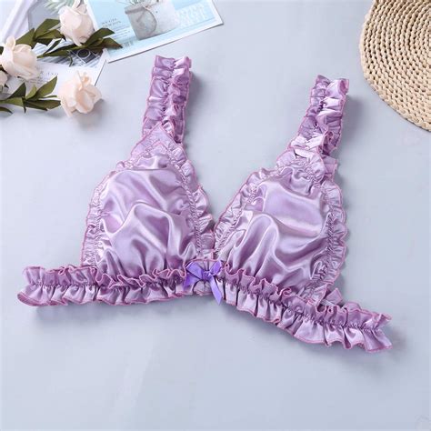 Acsuss Mens Satin Nightwear Frilly Ruffled Bra Top Sissy Thong Pair Of
