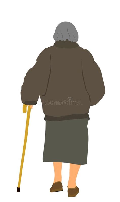 Grandmother Walking With Stick Vector Illustration Isolated On White