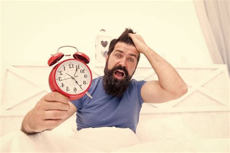 Stress Concept Man Awake Unhappy With Alarm Clock Ringing Insomnia
