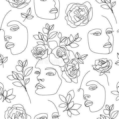 Vector Seamless Pattern Continuous Line Art With Woman Face Flowers