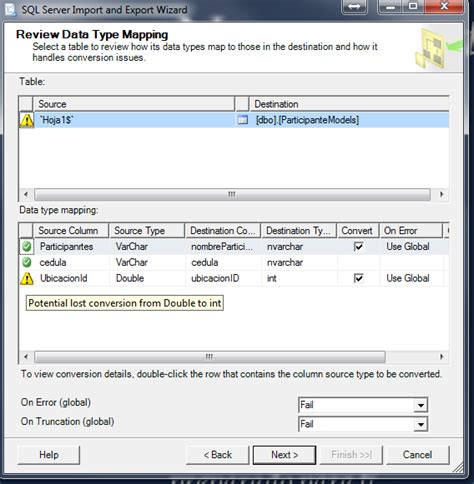 potential lost conversion from double to int excel to sql server