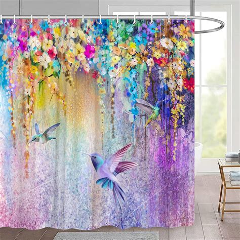 Jjnaee Flower Hummingbird Shower Curtain Colorful Floral