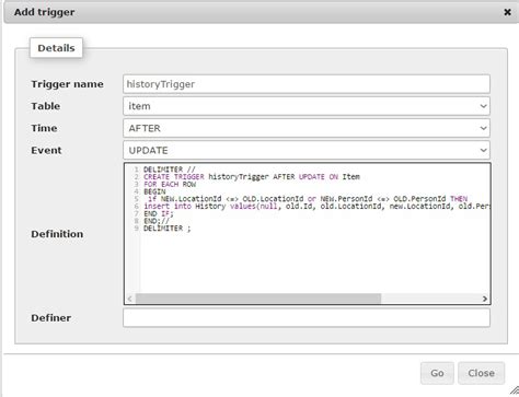 php error trying to create trigger in phpmyadmin stack