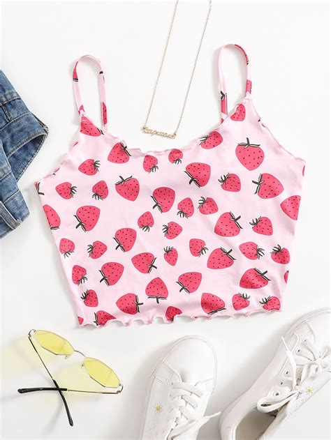Shein Qutie Top De Tirantes Ribete En Forma De Lechuga Con Estampado De