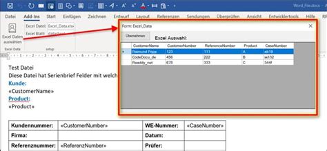 word addin adds customer data from excel file to word file