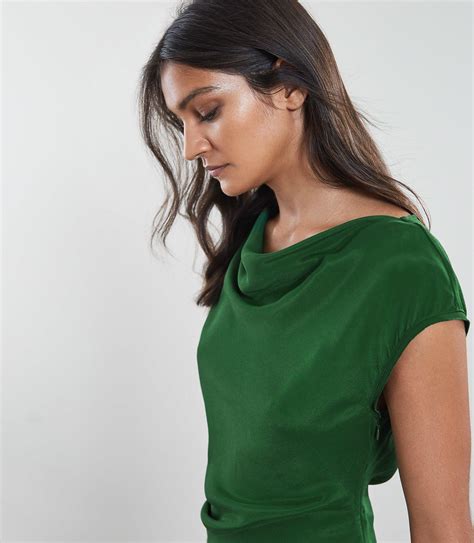 Reiss Synthetic Lore Capped Sleeve Dress In Dark Green Green Lyst