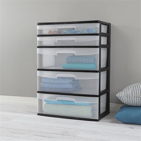 Sterilite Plastic 5 Drawer Wide Tower Black With Three Storage Options