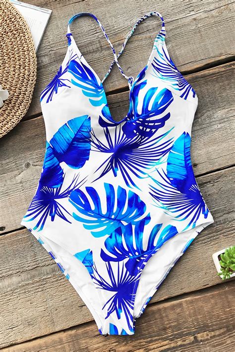 Blue Leaves Print One Piece Swimsuit