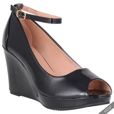 Womens Patent Ankle Strap Peep Toe Wedges Mid High Heel Platform Shoes
