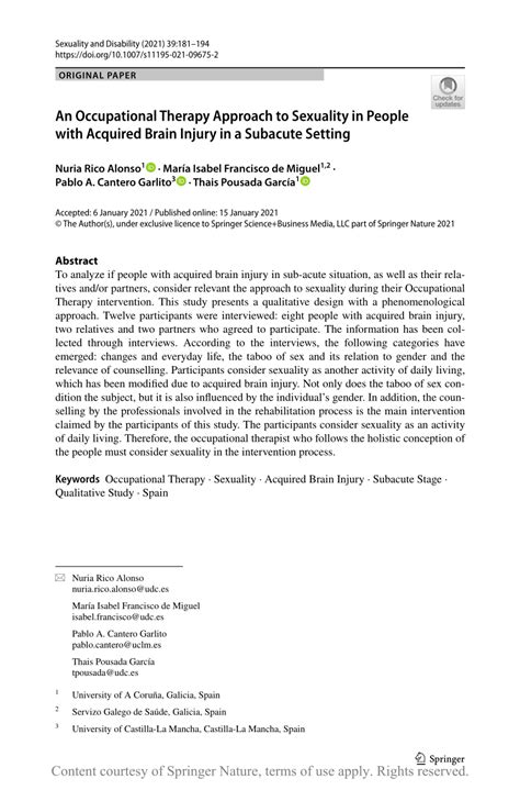 An Occupational Therapy Approach To Sexuality In People With Acquired