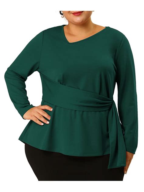 Womens Plus Size V Neck Belt Tie Blouse Long Sleeve Peplum Top 3x Dark
