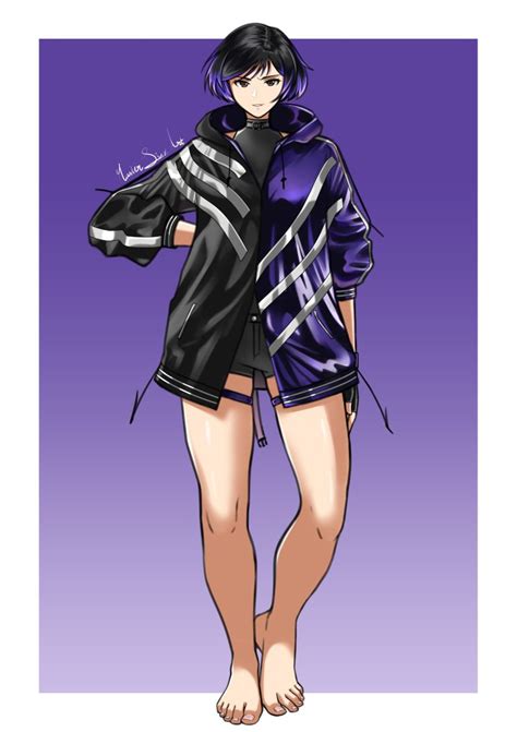 Xbooru 1girl Artist Request Bandai Namco Barefoot Black And Purple