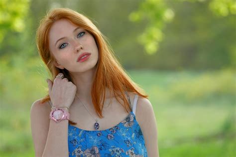 Wallpaper Model Redhead Long Hair Looking At Viewer Gray Eyes