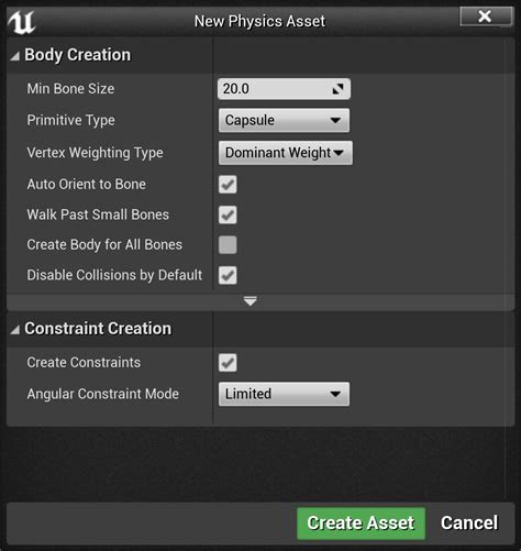 creating a new physics asset unreal engine documentation
