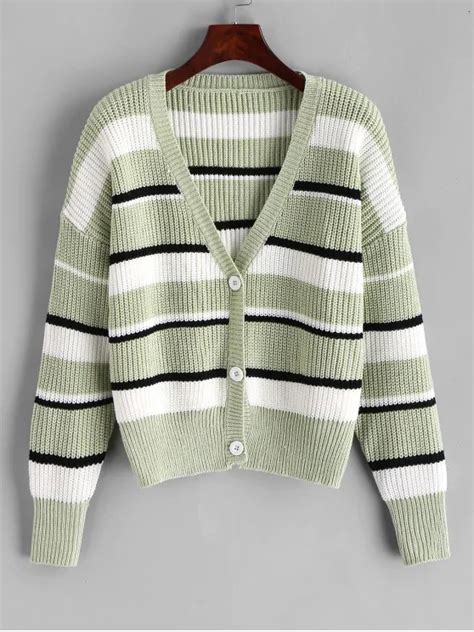 V Neck Color Block Stripes Button Up Cardigan Unique Cardigan Block