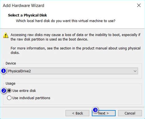 attachment vmware workstation select a physical disk