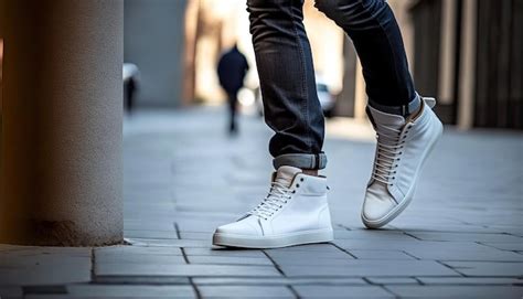 Premium Photo A Man Wearing White Shoes Stands On A Sidewalk In A City