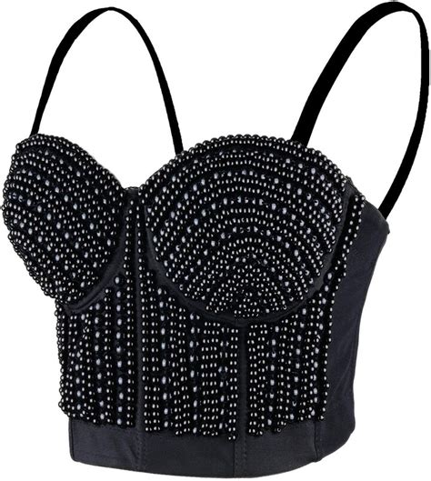 Ellacci Woments Pearls Beaded Bustier Crop Top Club Party Sexy Corset